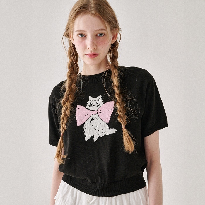 Ronron Ribbon Cats Short Sleeve Knit (Black, Ivory, Charcoal) | Shopee ...