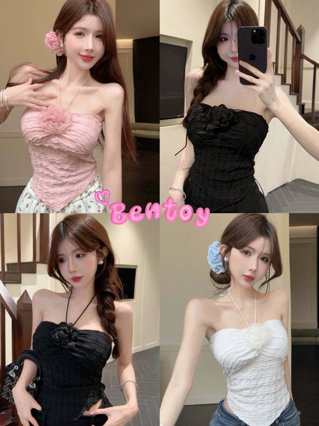 Bentoy(bratop2248)เสื้อเกาะอก มีฟองน้ำ jisoo flowerดีเทลสายห้อยคอ สม็อคหลัง แต่งดอกใหญ่หน้าอก ...