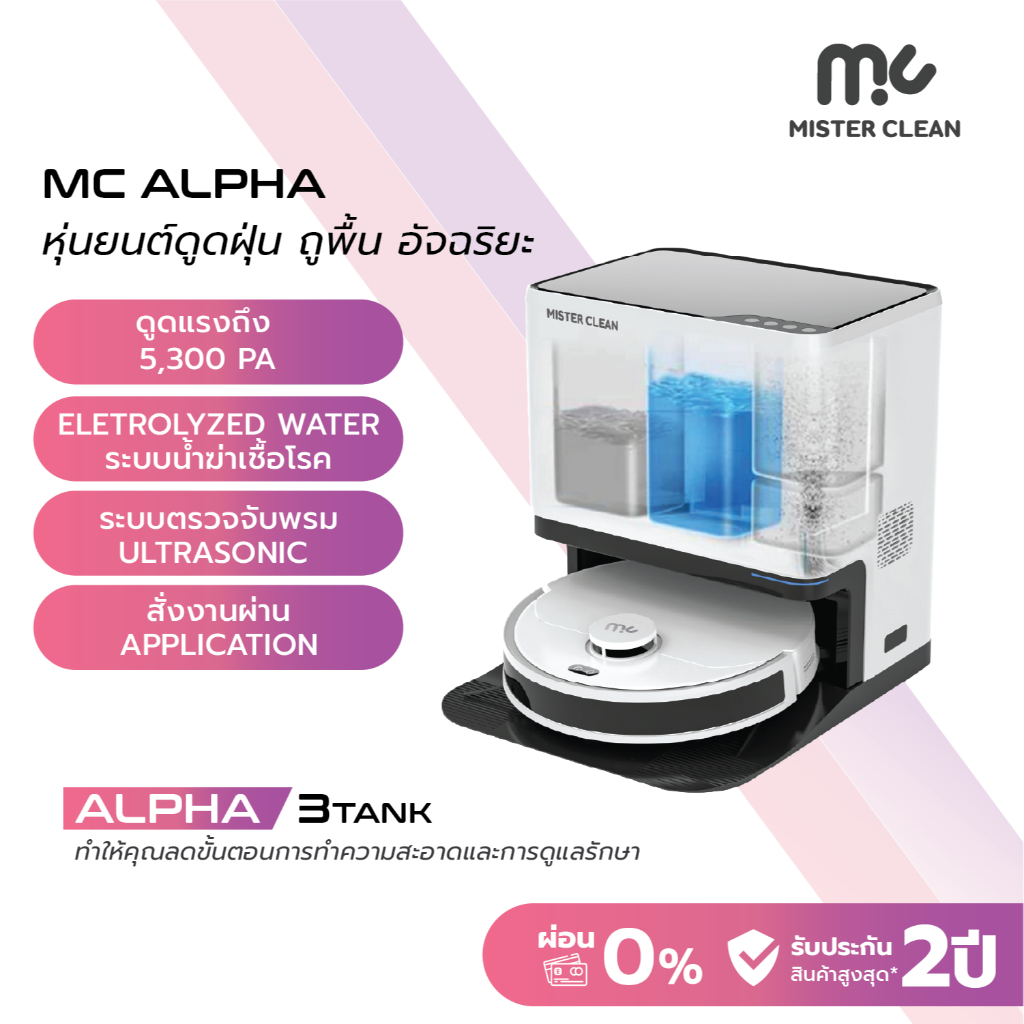 MC Alpha หุ่นยนต์ดูดฝุ่นถูพื้น พร้อมแท่นอัจฉริยะ เก็บฝุ่น ซักผ้าถู เติมน้ำฆ่าเชื้อ ล้างม็อบ เป่า ...