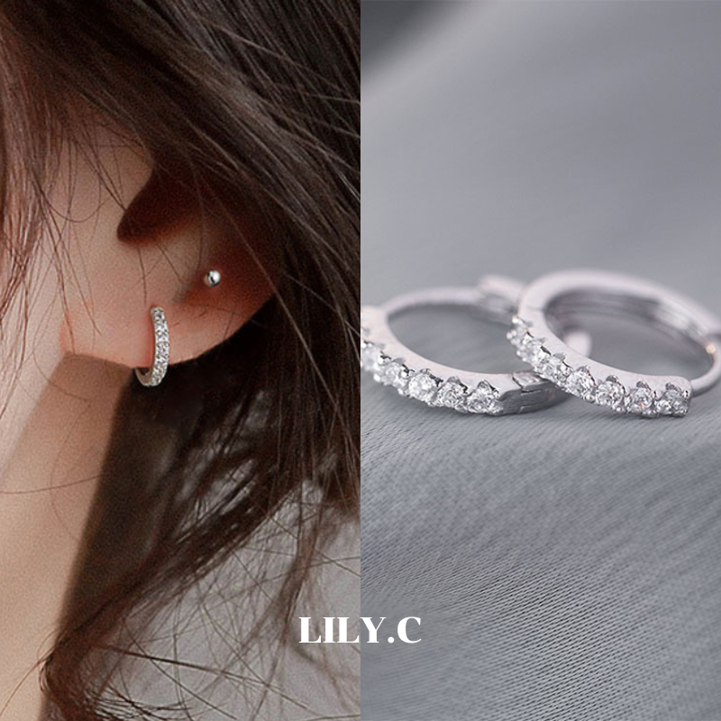 พร้อมส่ง🔥 LILY.C ต่างหูห่วงเข็มเงินแท้ 925 ฝังเพชร Sparkling Diamond Earrings | Shopee Thailand