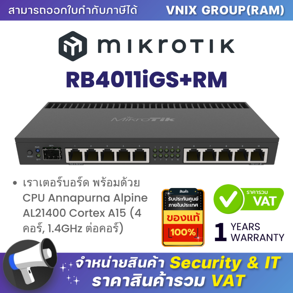 Mikrotik RB4011iGS+RM เราเตอร์บอร์ด พร้อมด้วย CPU Annapurna Alpine ...
