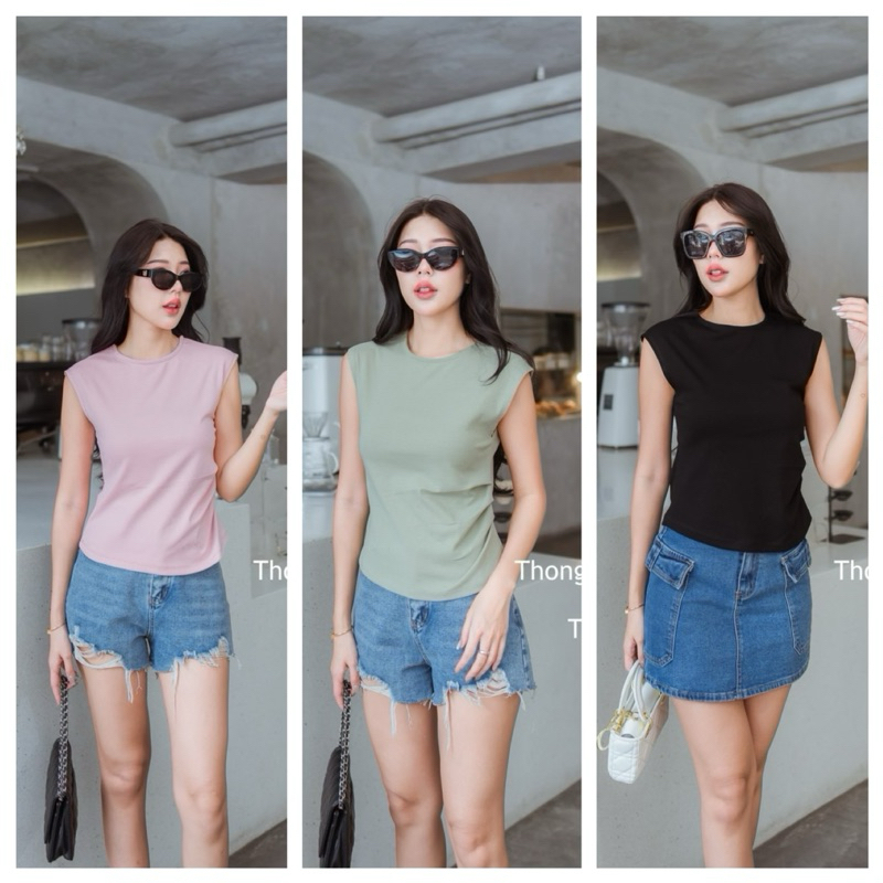 T282 เสื้อครอปคอกลม แขนเต่อ จีบชายข้าง | Shopee Thailand