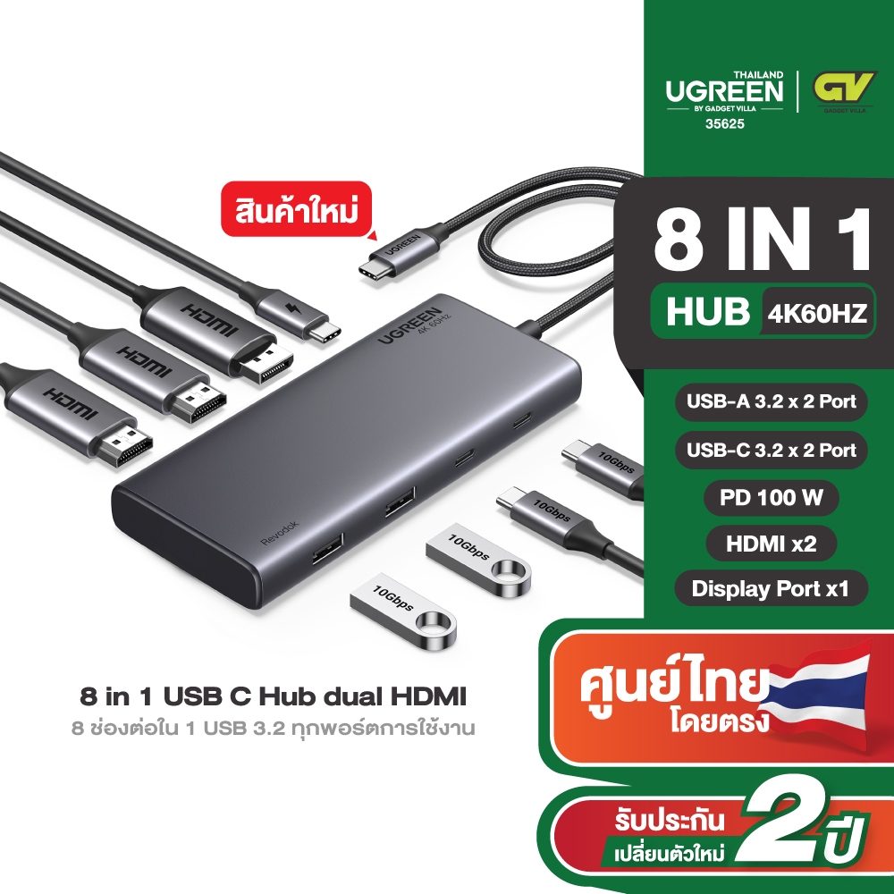 UGREEN รุ่น CM639 USB Hub Type C 8in1 4K60hZ Hdmi x2 DP, VGA x1 PD100w USB3.2 ทุก port โอนถ่าย ...