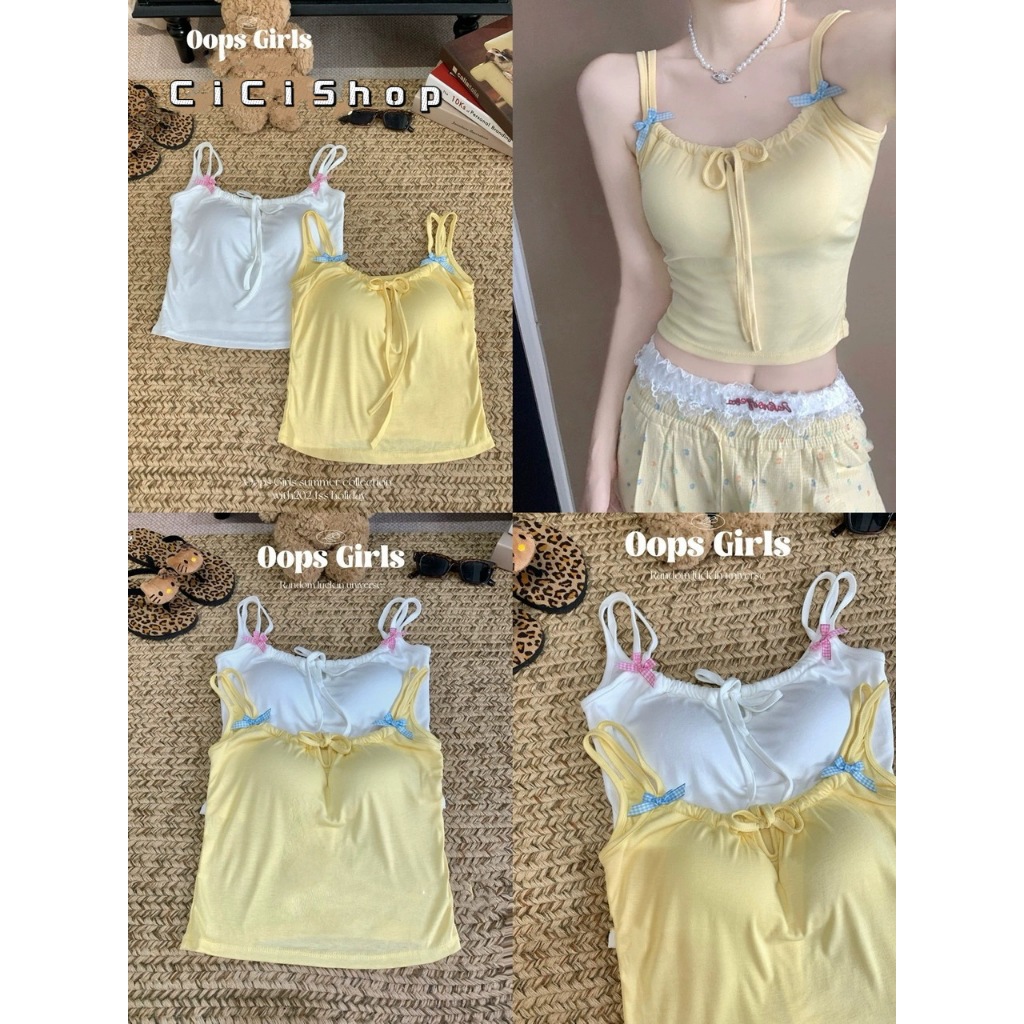 Cicishop(New2515)เสื้อกล้ามสายคู่ มีฟองน้ำ เพิ่มความเก๋ด้วยเชือกรูดอก ตกแต่งโบว์จิ๋ว ยืดตามตัว ...