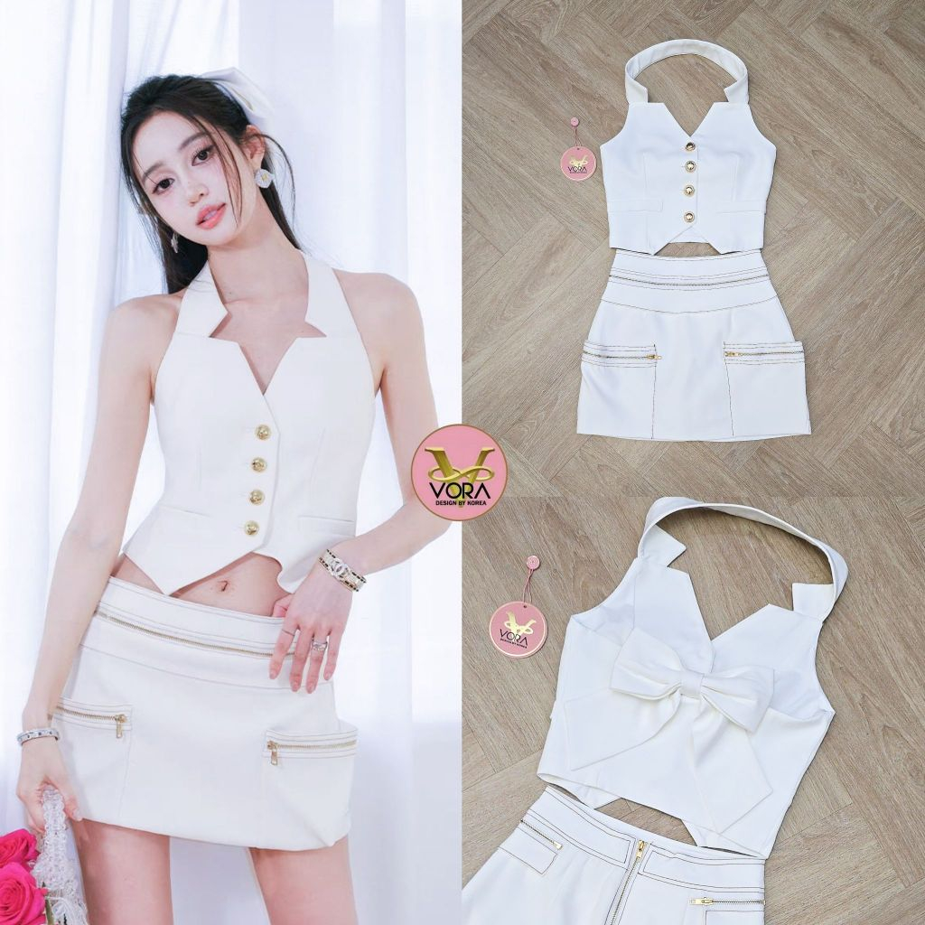 VORA Set เสื้อคล้องคอตัวสั้น ติดกระดุมสีทอง(*รบกวนเช็คสต๊อกก่อนกดสั่งซื้อ) | Shopee Thailand