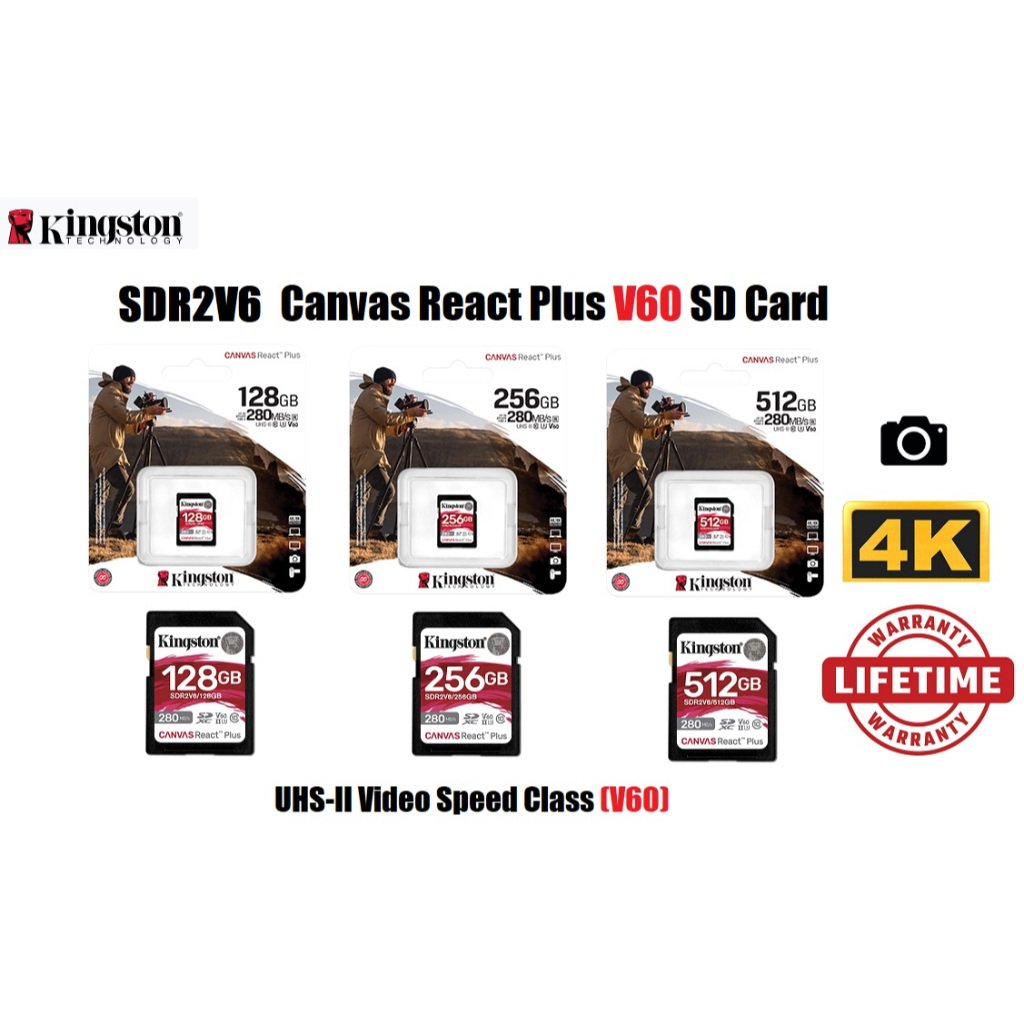 Kingston Canvas React Plus V60 SD CARD (SDR2V6) สำหรับกล้อง UHS-II 4K ระดับมืออาชีพ มีให้เลือก ...