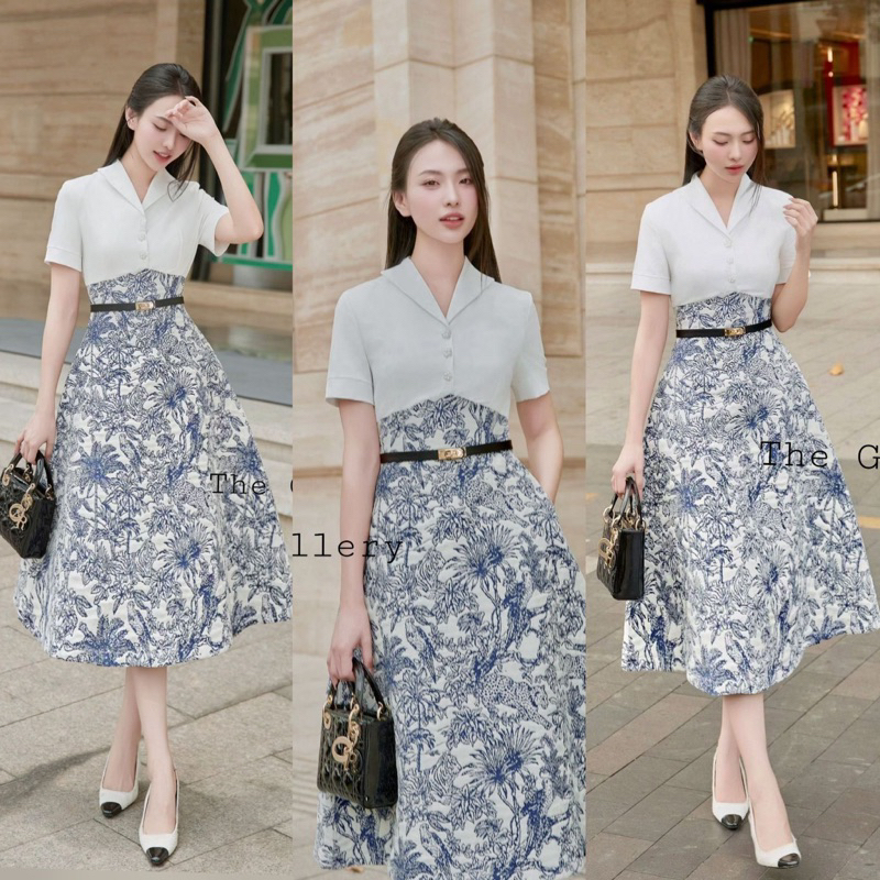 มี 2 สี ดำ กรมท่า ชุดเดรสคอปกสีขาว-ตัดต่อกระโปรงลาย The gallery ...