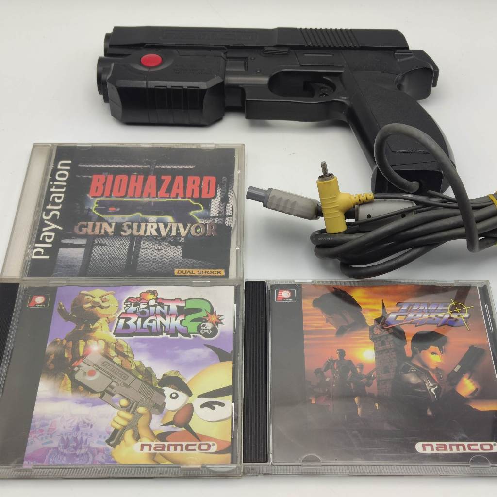 PS1 GUNCON จอยปืน พร้อมแผ่นเกม 3 แผ่น ตัวจอยแท้ namcot ใช้ได้ปกติ แผ่น ...