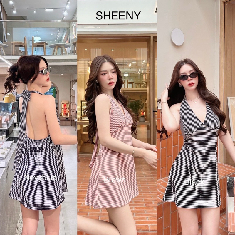 มินิเดรทผูกคอเปิดหลังลายริ้วSHEENY | Shopee Thailand