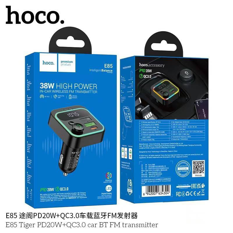 Hoco E85 บลูทูธในรถยนต์ บลูทูธพร้อมหัวชาร์จ Car Charger FM Bluetooth 5.4 ชาร์จเร็ว PD20W+QC3.0 ...