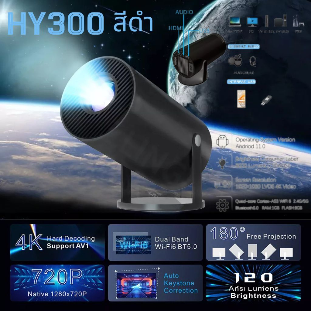 โปรเจคเตอร์HY300 4K android iPhone1080P 1280*720P Full HD โฮมเธียเตอร์ ...