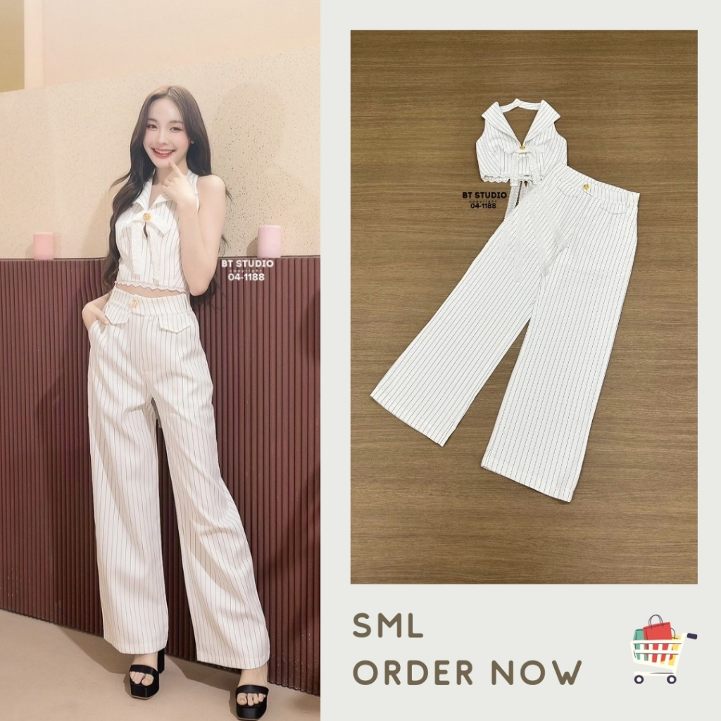 SML 1188 ชุดเซ็ทสีขาว เสื้อครอป ครอปคล้องคอ กางเกงขายาว ชุดลายริ้วเล็กๆ งานป้าย BT Studio ...