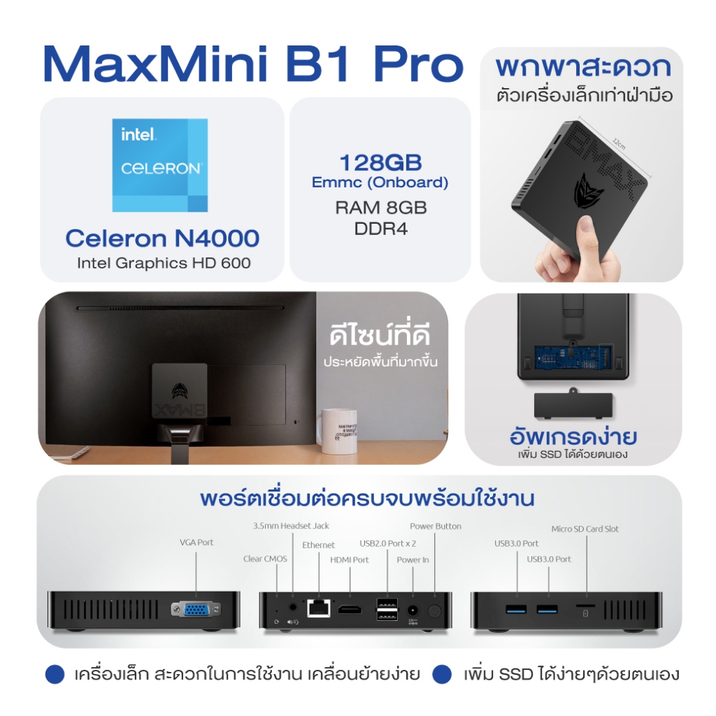 รุ่นใหม่ BMAX B1 Pro Mini Pc Window 11 แท้ Intel Celeron N4000 8GB RAM / 128GB ROM WIFI 2.4GHz ...