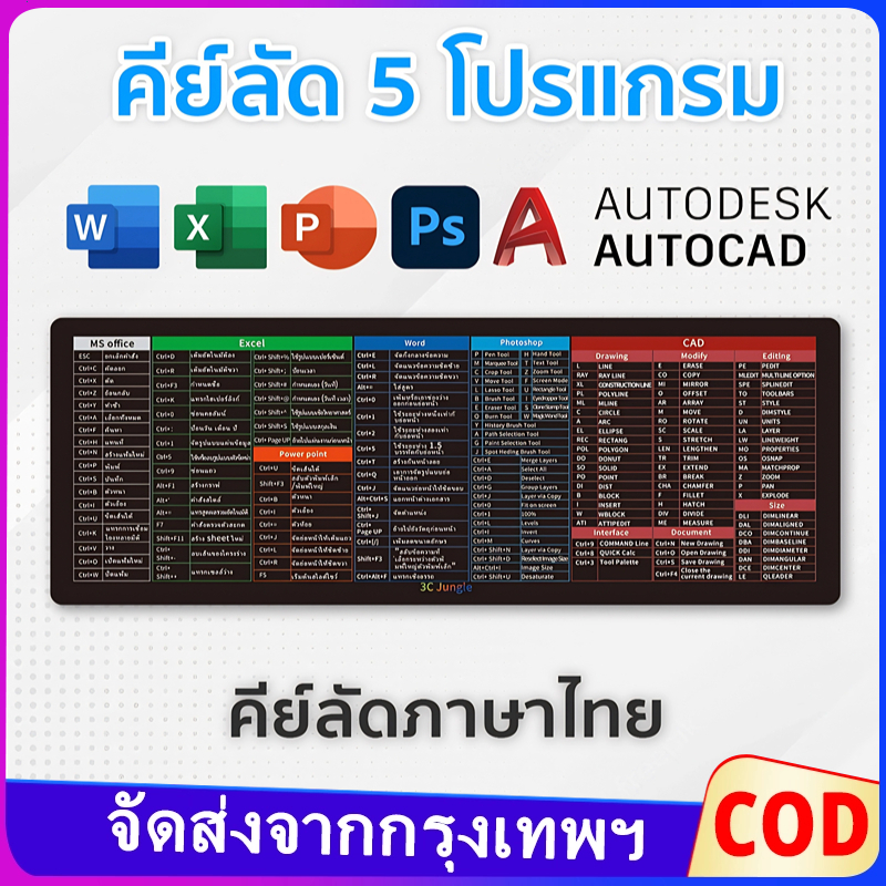แผ่นรองเมาส์ปุ่มลัด Excel/Ps/Pr/Ai/ CAD ทางลัดภาษาไทย 80X30cm เย็บขอบ ...