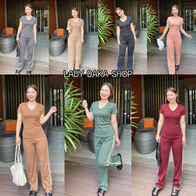 🧡LADY DAKA SHOP🧡 เซท2ชิ้นเสื้อคอวีรัดรูป กางเกงแต่งแถบด้านข้าง ผ้าร่อง ...
