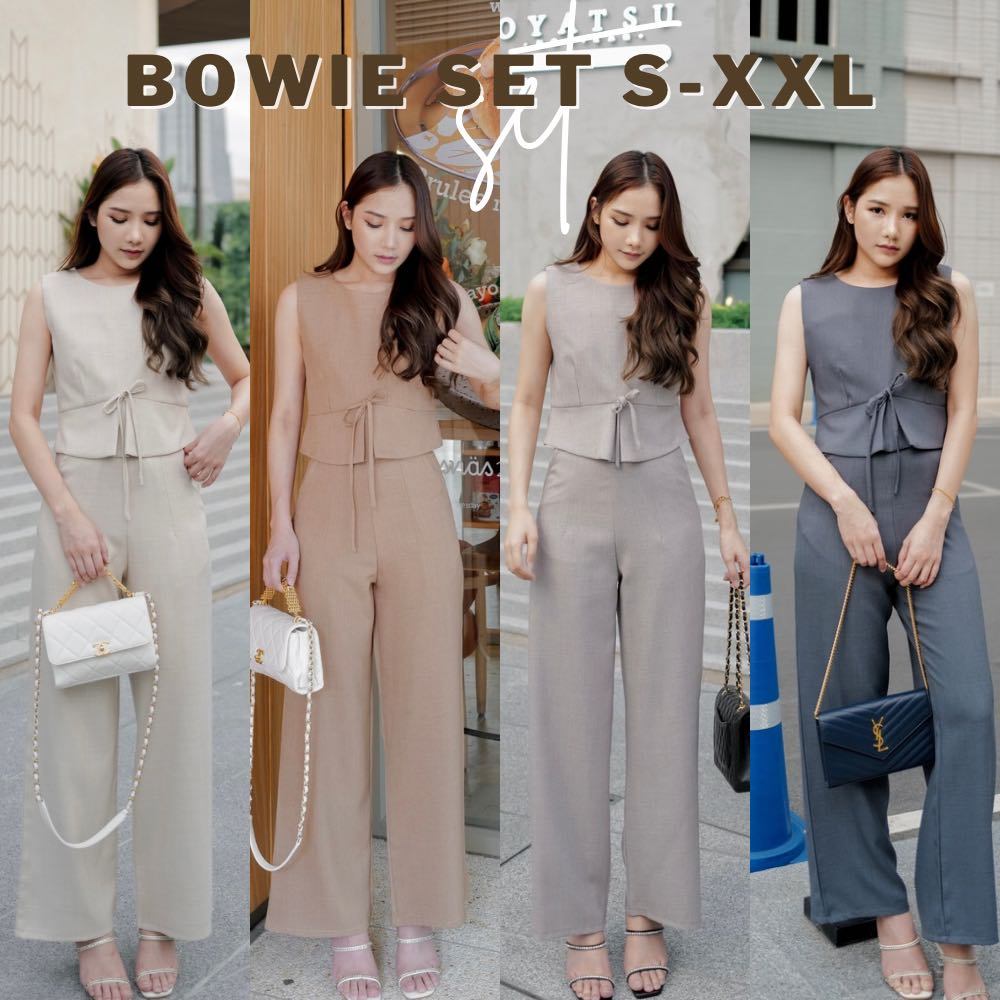 BOWIE SET ชุดเซตเสื้อแขนกุดปลายระบายและกางเกงขายาวซิปหลัง | Shopee Thailand