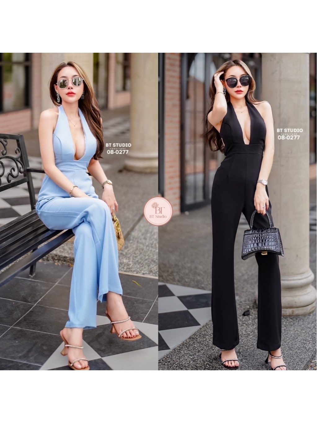 BT 08-0277 จั้มสูทขายาว เว้าหลังผูกโบกลางหลัง | Shopee Thailand