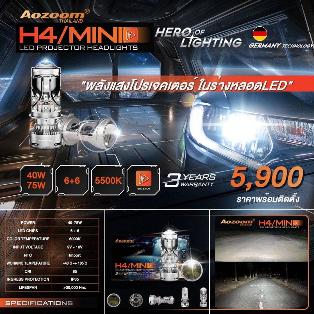 Aozoom มินิโปเจคเตอร์ LED ไฟหน้า สำหรับรถขั้ว H4 (40-75W) ประกัน 3 ปี ...