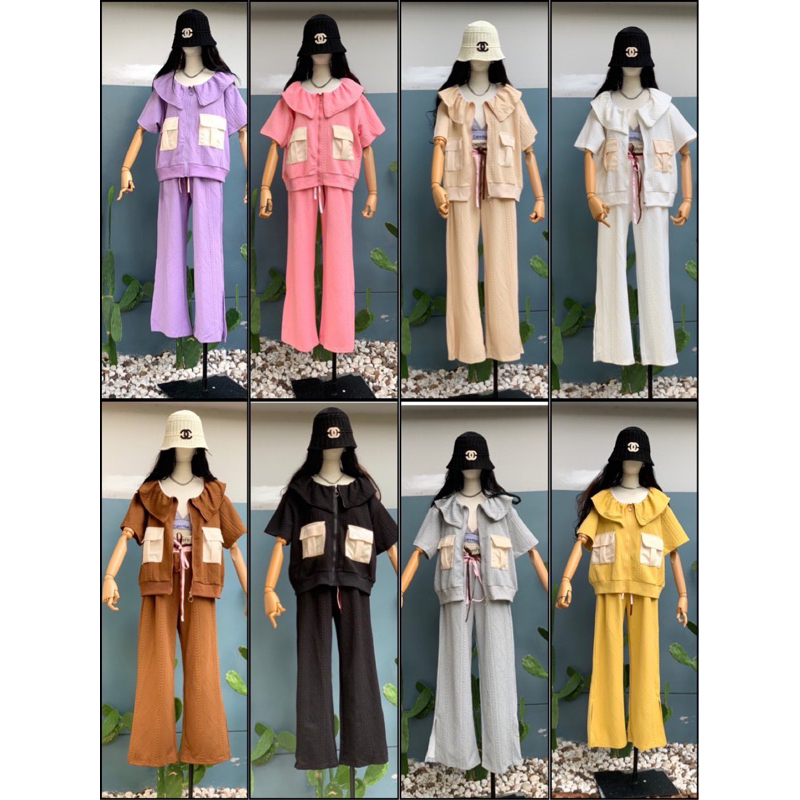 พร้อมส่ง KKUU-TIST ชุดเซตผ้าปั๊มนูน แขนสั้น คอระบาย กระเป๋าหน้า ขายาว ...