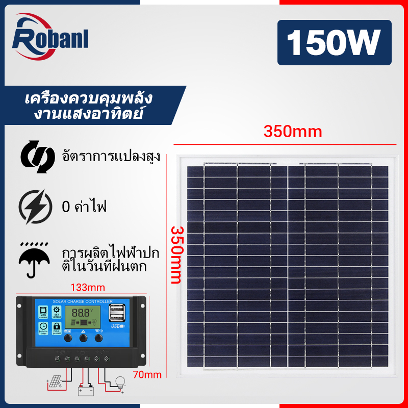 ROBANL แผงโซล่าเซลล์ 18V/500W 400W 300W 200W 150W พร้อมสาย Solar Cell โซล่าเซลล์ Solar Panel กัน ...
