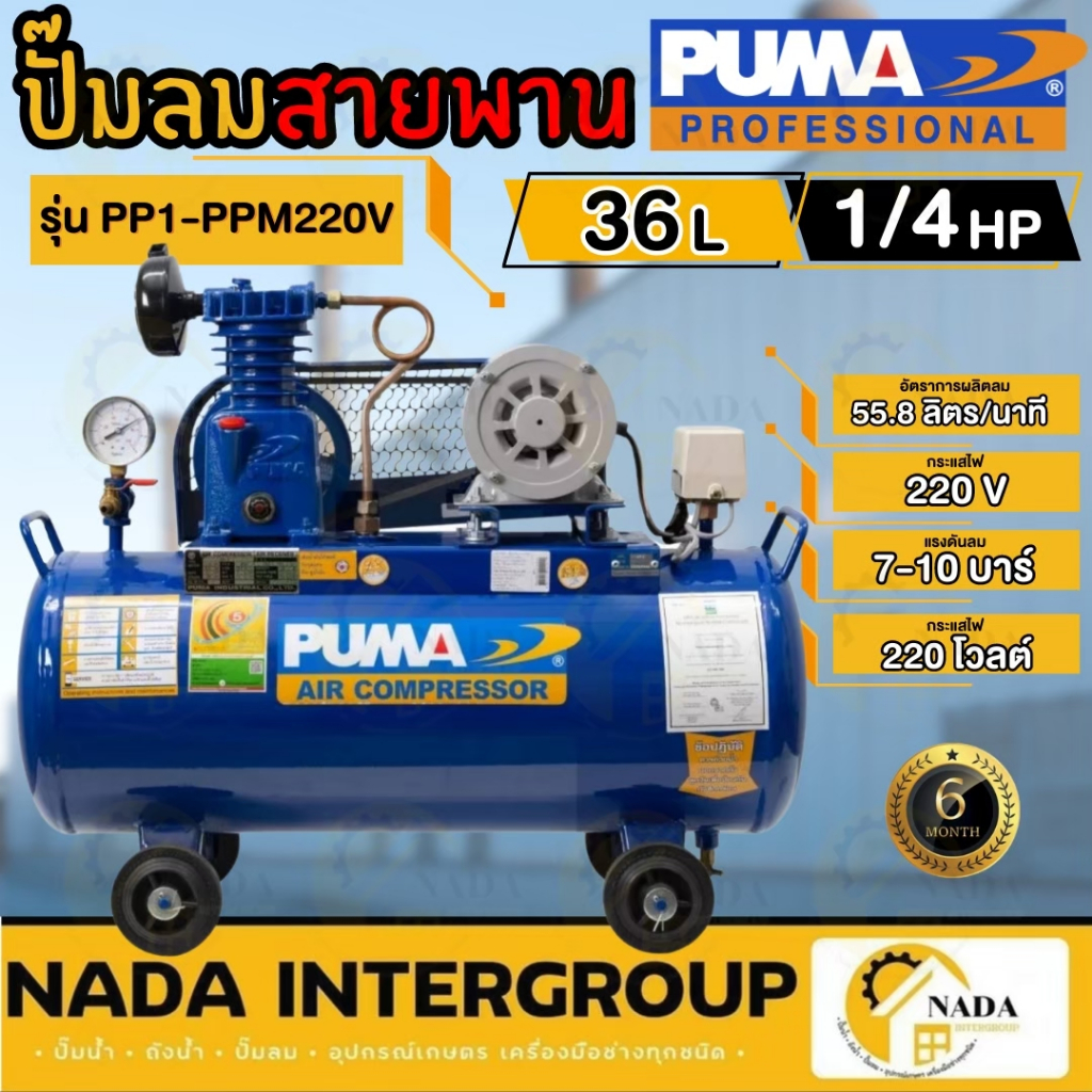 PUMA ปั๊มลมสายพาน รุ่น PP1-PPM ไฟ 220V ขนาด 36 ลิตร มอเตอร์ 1/4 แรง ปั้มลม พูม่า 36L ปั๊มลม ...