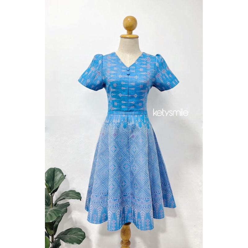 ชุดเดรสผ้าทอลายแพรวา ม่วง ฟ้า ชมพู อัดกาว กระโปรงทรงย้วย สอบถามสต๊อกก่อนสั่งซื้อ K528 | Shopee ...