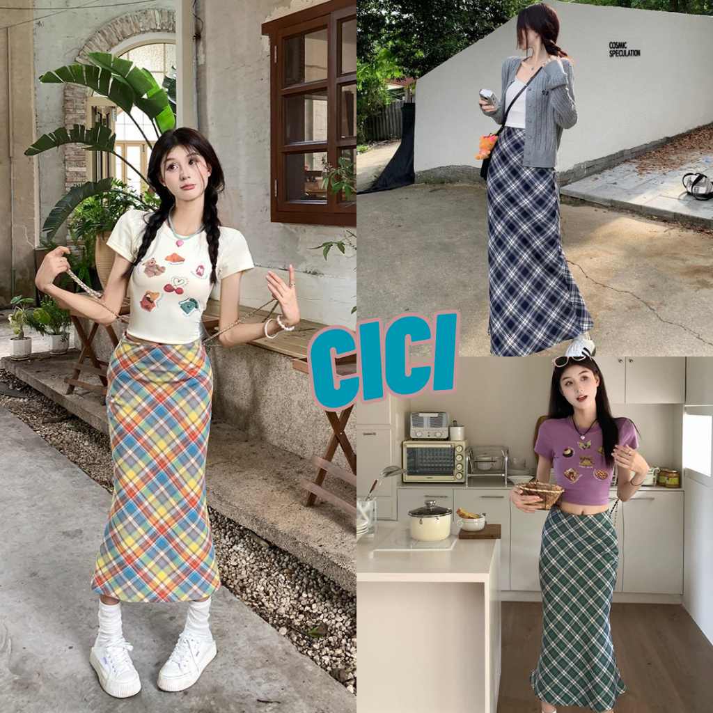 ส่งทันที Cici(NO. 902)Scott so skirt กระโปรงยาวลายสก๊อต เก็บทรงสวย ...