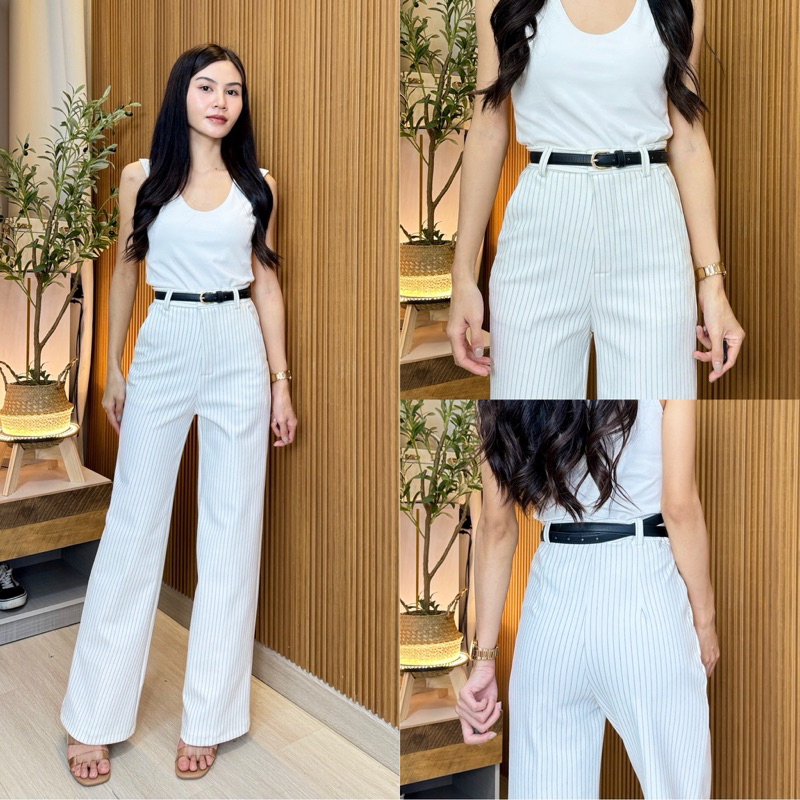 LAMSANG P08 Rainy Pants กางเกงกระบอกใหญ่ ลายริ้ว ผ้ายืดหยุ่น ทิ้งตัว มี ...