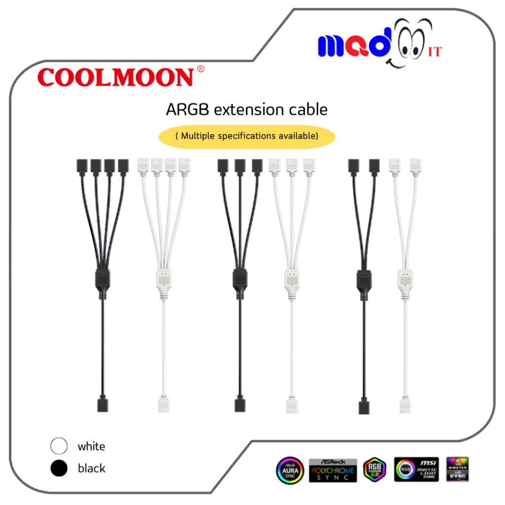 COOLMON ARGB 5V 3PIN สายพ่วง RGB ขยาย แปลง 1-2/1-3/1-4 สีขาวและสีดำ ...