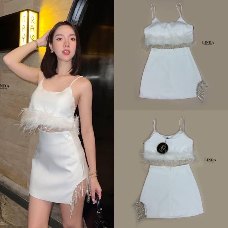 🎀ถูกที่สุด🎀LINDA setเสื้อแต่งชายขนนก+กระโปรงแต่งชายเพชร | Shopee Thailand