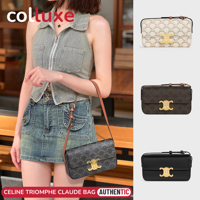 👜ซีลีน Celine Triomphe CLAUDE Shoulder Bag In Shiny Calfskin 194143 หนังลูกวัว กระเป๋าสะพาย ...