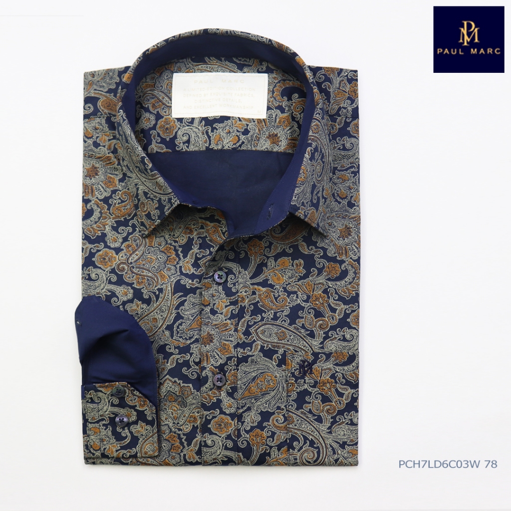 PAUL MARC เสื้อเชิ้ตลายพิมพ์ PAISLEY ลายหยดน้ำ slim cut 100% cotton ...