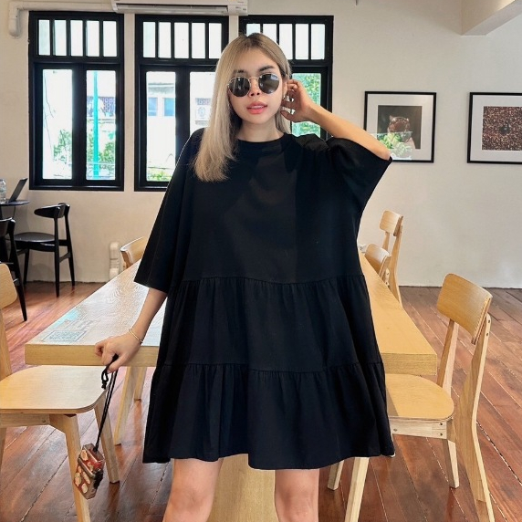 Mamong ชุดให้นม L496 เดรสผ้ายืดขนมชั้น OVER SIZE แต่งเป็นชั้นๆ ผ้าคอต ...