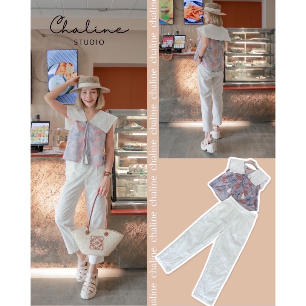 Chaline:set2pcs. เสื้อเนื้อผ้าคอตตอนลินินลายใบไม้สุดหรู(*รบกวนเช็คสต๊อก ...