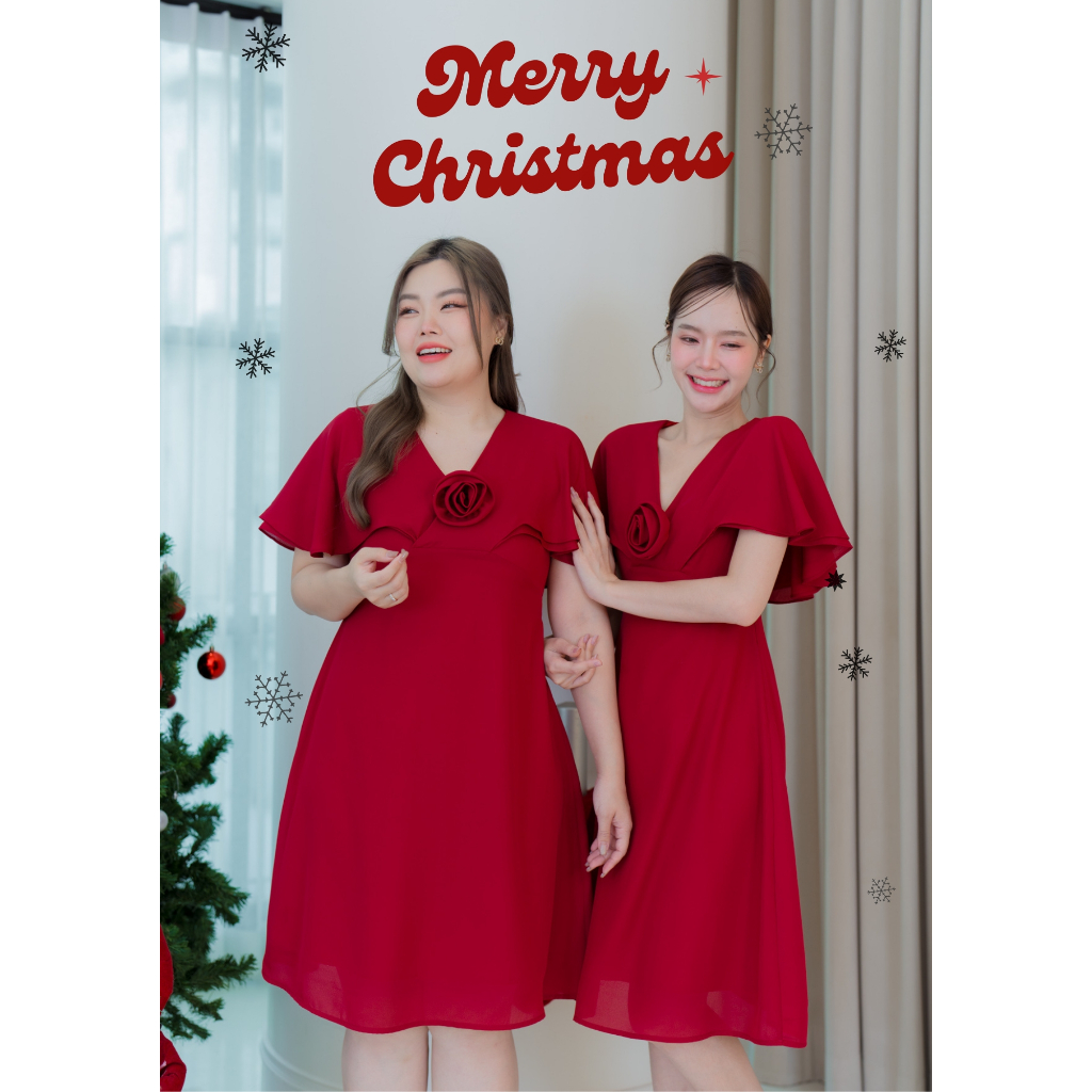 DR082-1 Melda Merry Dress ( แดงไวน์ ) เดรสสีแดง | Shopee Thailand