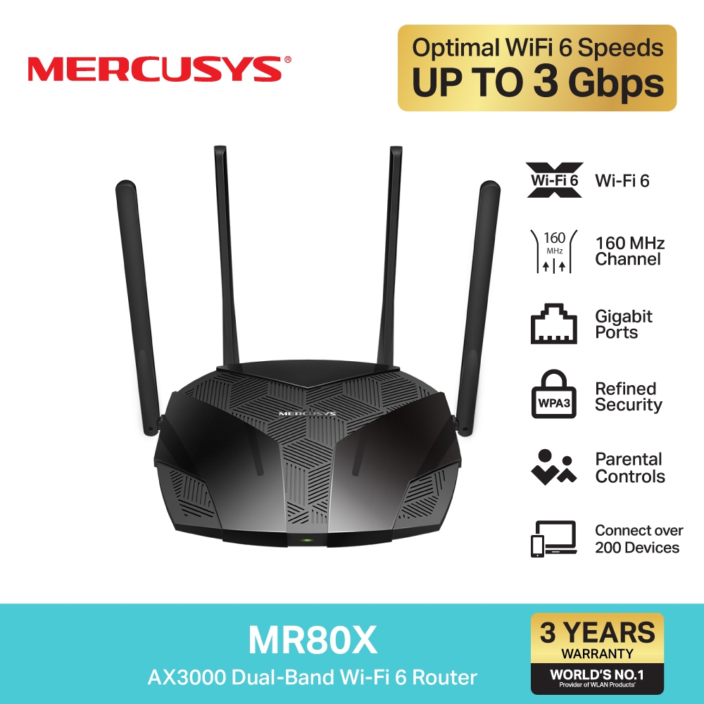 Mercusys MR80X เราเตอร์ WiFi 6 (ไม่รองรับการใส่ซิม) AX3000 Dual-Band ...