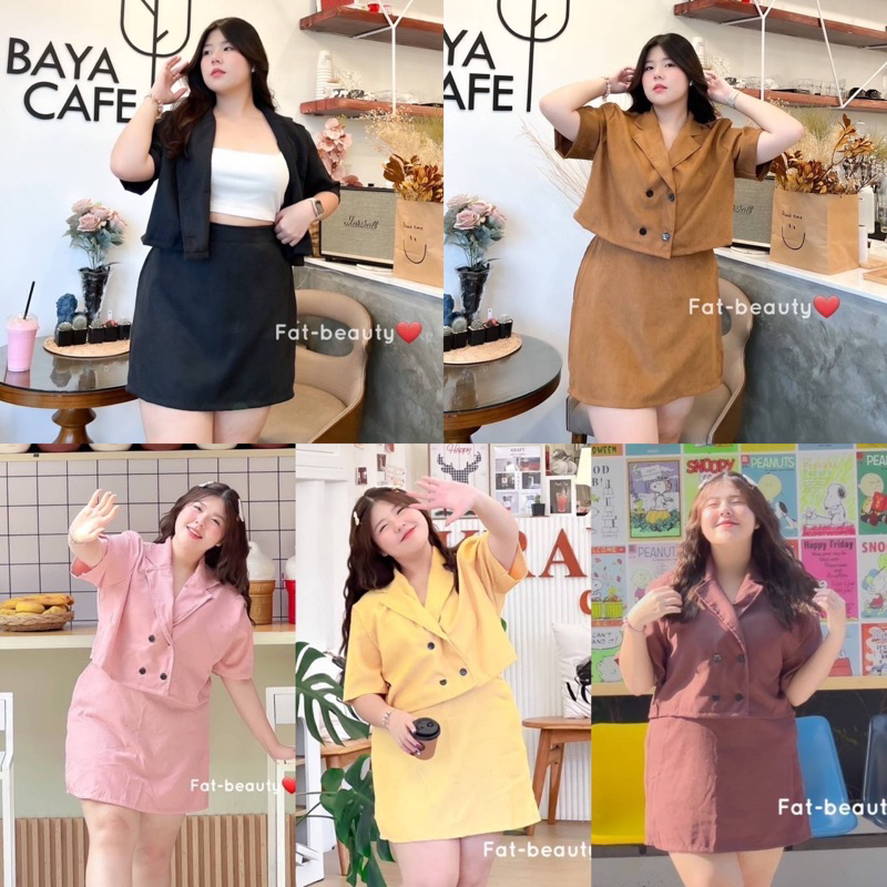 (Set2ชิ้น) เสื้อคอปกทรงสูทแขนสั้น แต่งกระดุมน่ารัก กระโปรงเข้าชุดยางยืดหลังผ้าลูกฟูก plussize ...