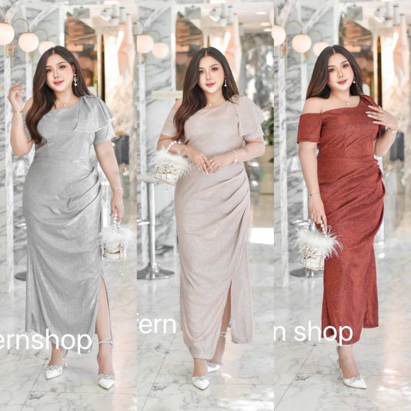 Janny เดรสสาวอวบ Bigsize Plussize XXL ชุดออกงาน ชุดราตรี ผ้ากลิตเตอร์ ผ้ากากเพชร เดรสงานแต่ง ...