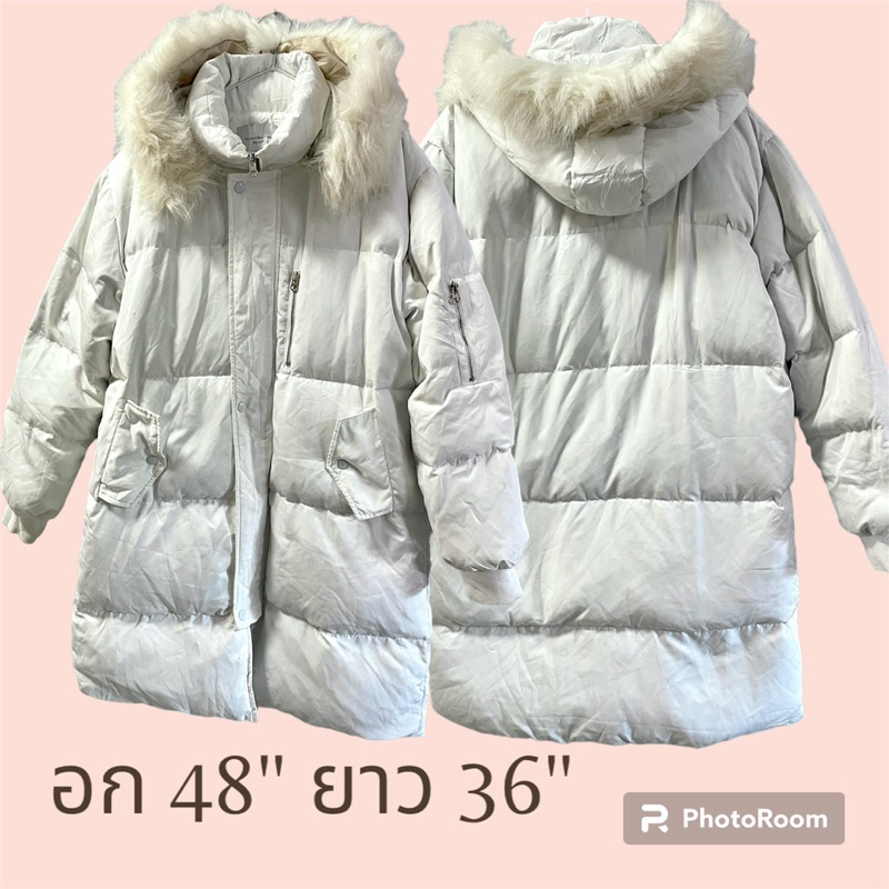 (มือสอง)Long padding jacket สีขาวครีม ฮู้ดเฟอร์ | Shopee Thailand