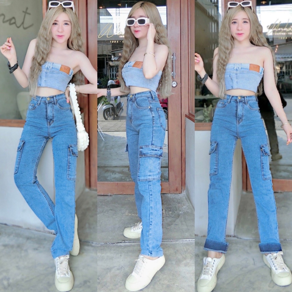 Cc jeans 039 S-5XL กางเกงยีนส์ทรงขากระบอก คาร์โก้ ยืด สียีนส์ฟอก ...