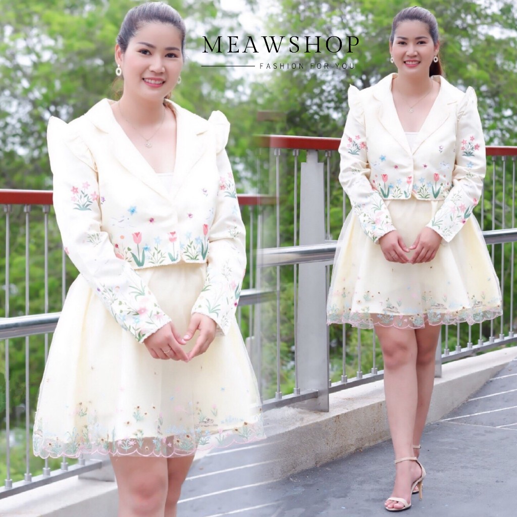 Set เสื้อ+กระโปรง โทนสีเหลืองคอปักขอบๆ XL-5XL ชุดไปงาน ออกงาน ชุดสาวอวบ อ้วน ชุดเพื่อนเจ้าสาว ...