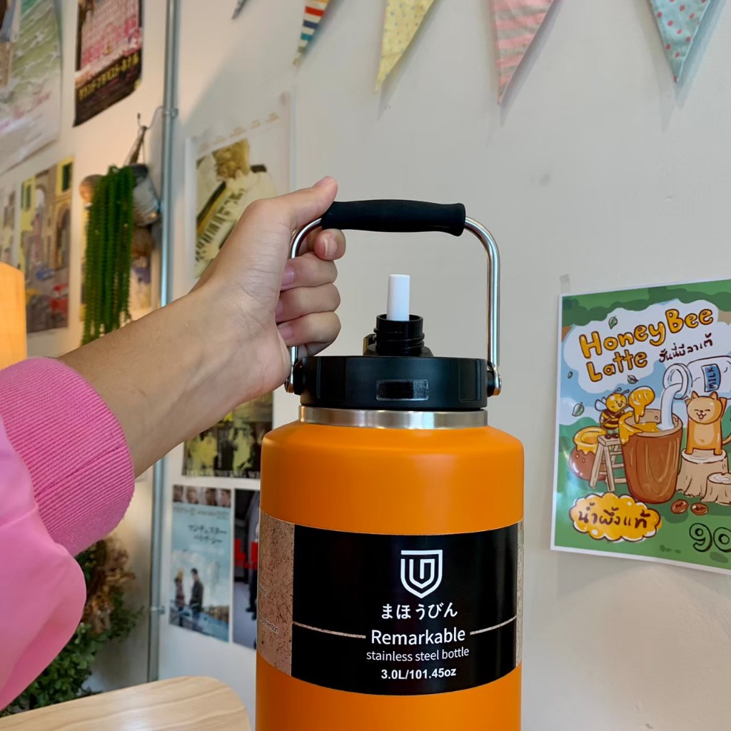 Mahobin กระติกน้ำ กระติกน้ำเก็บความเย็น มีหลอด หูหิ้วในตัว สแตนเลส316 ขนาดใหญ่ความจุ 3000ml. M ...