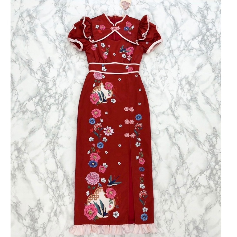(ควรเผื่อ 1 ไซส์) Aung Pao Dress เดรสกี่เพ้าพิมพ์ลายผ้าไหมญี่ปุ่น ...