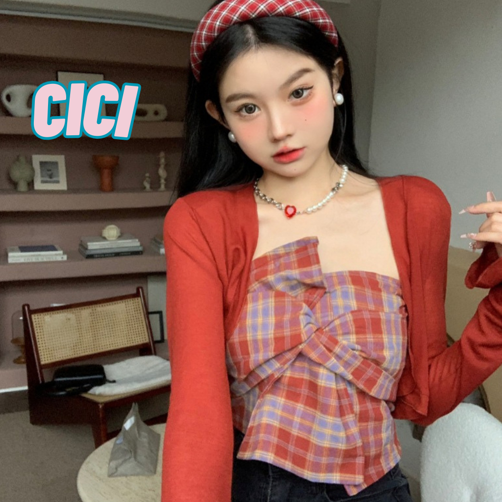 Cici(NO.J925)Set 2 ชิ้น เกาะอกสม๊อกหลังลายสก๊อตดีเทลโบว์ด้านหน้าพร้อมเสื้อคลุมแขนยาว สไตล์ฝรั่ง ...