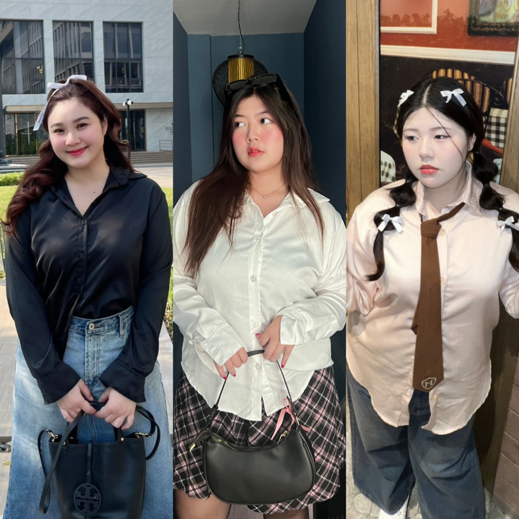 Basic not basic shirt เสื้อเชิ้ตซาตินสำหรับสาวอวบ | Shopee Thailand