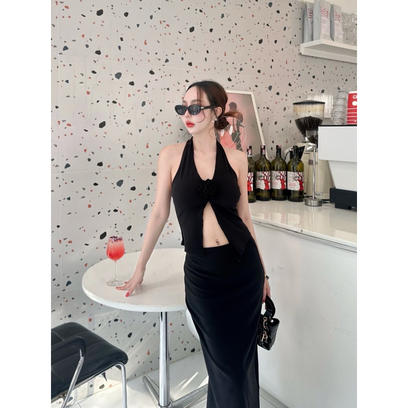 poshie(1229) peipi set ชุดเซ็ท2ชิ้น เสื้อแต่งกุหลาบที่อกและกระโปรงยาว ...