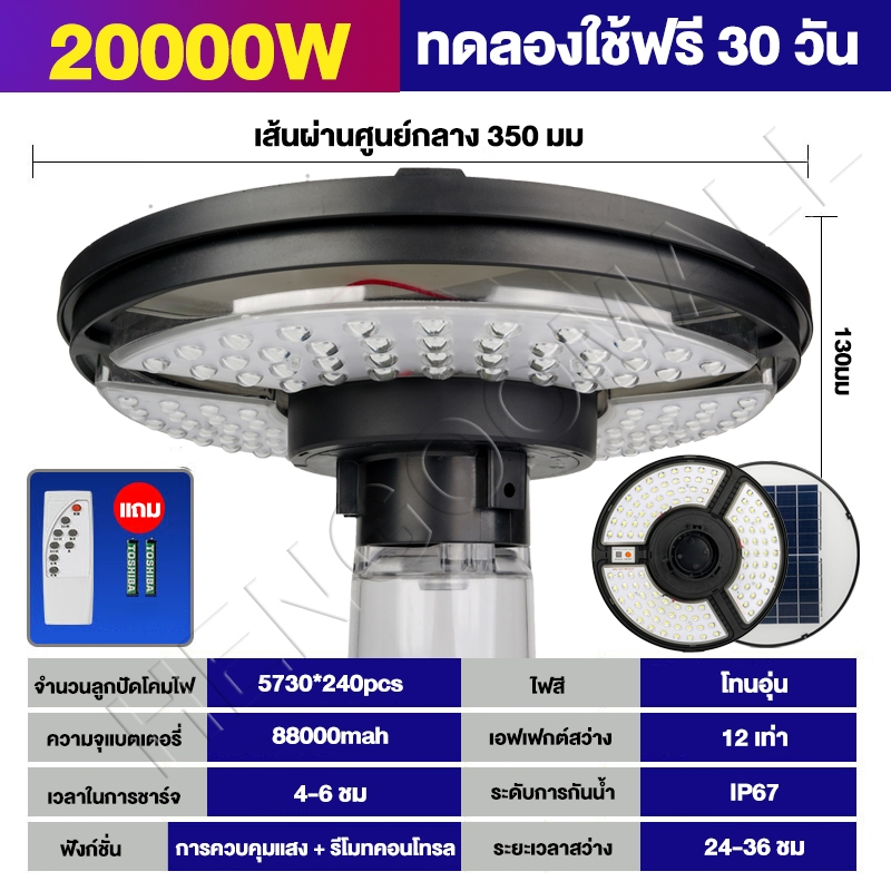 ไฟโซล่าเซลล์ UFO เสาไฟถนน แสงขาว Solar light ทรงกลม 800000W ชิป LED สว่างเป็นพิเศษ กันน้ำป้องกัน ...