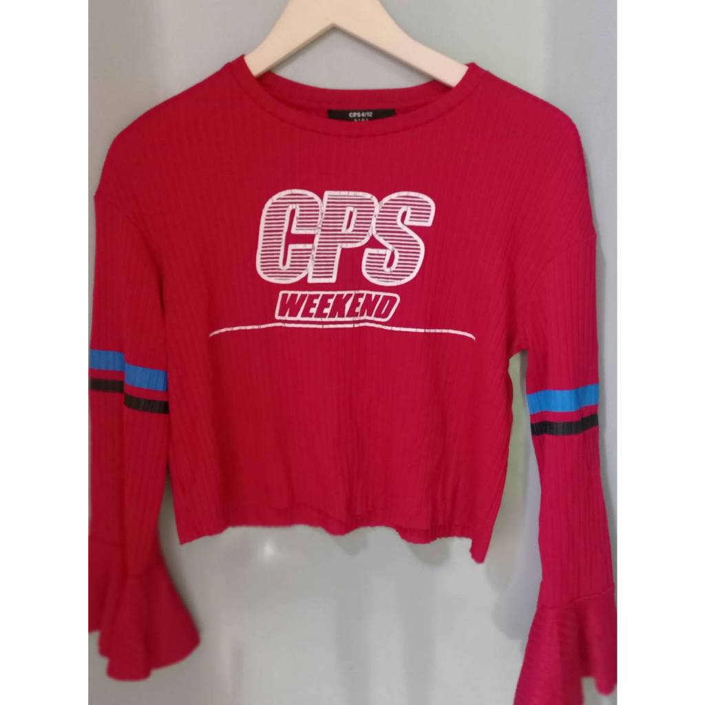 Aถ410(ถฟขค)# ส14 เสื้อหญิงทรงครอปสีแดงแขนยาวปลายแขนบานงานป้ายCPS รอบอก ...