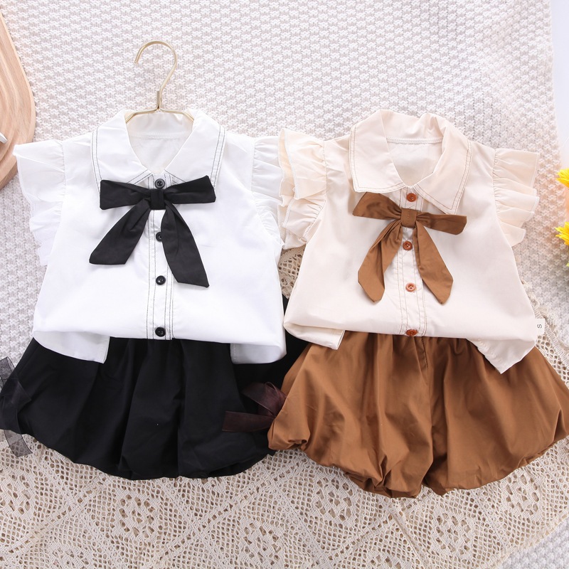 Babyonline(Y098)E2 (ส่งด่วน1วัน)ชุดเซ็ตเสื้อแขนสั้นคอปกแต่งโบว์พร้อม ...