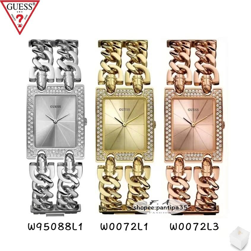 F.A ของแท้100%Guess เพชรนาฬิกาข้อมือผู้หญิงสายโซ่ย้อนยุคแฟชั่นเหลี่ยม ...